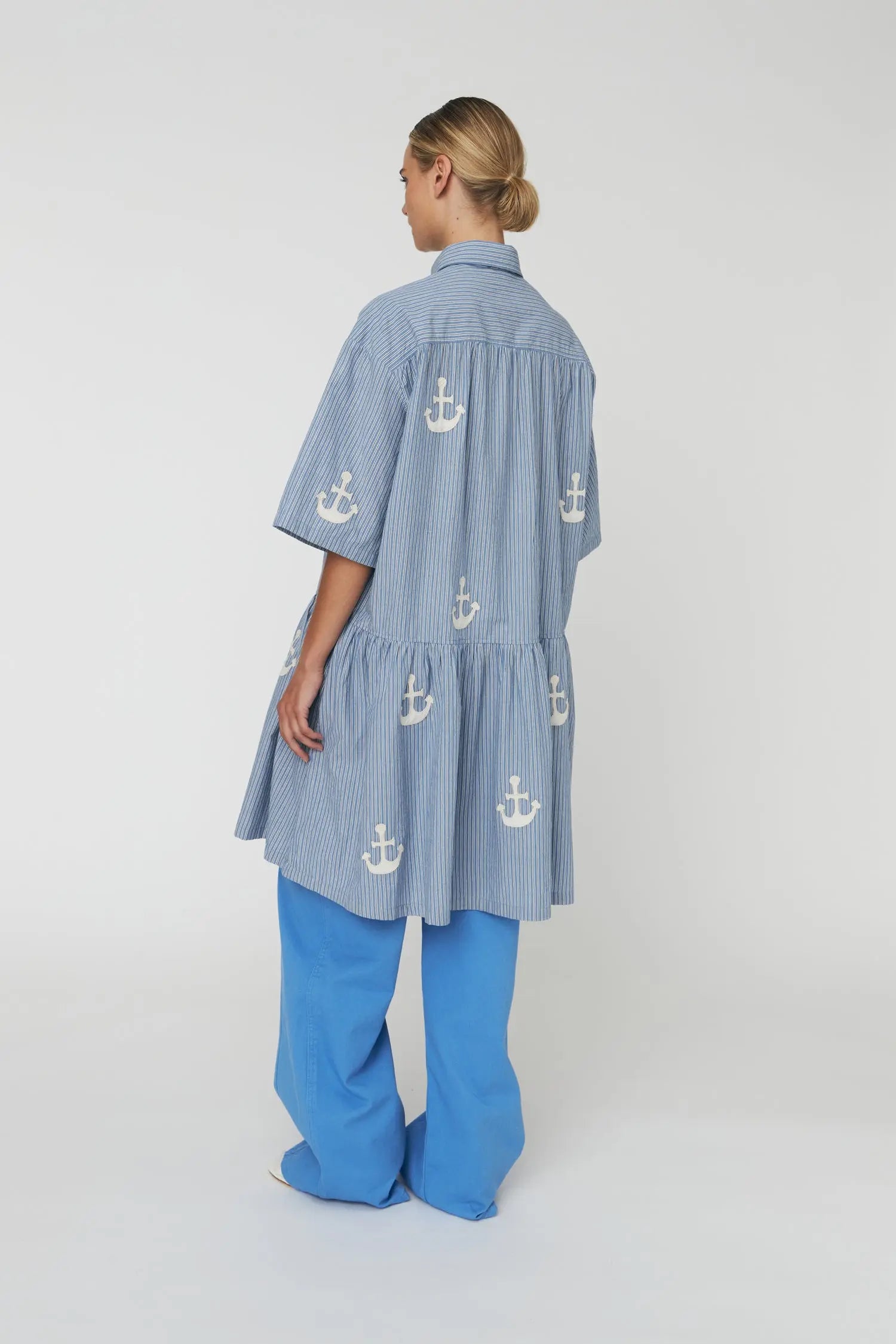 Oversized Dress with embroidered Anchor - Blue Stripes